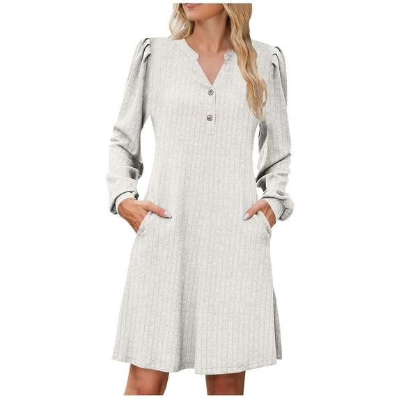 2025 Women Ribbed Knit Dress Quarter Button Collar Long Sleeve High ...