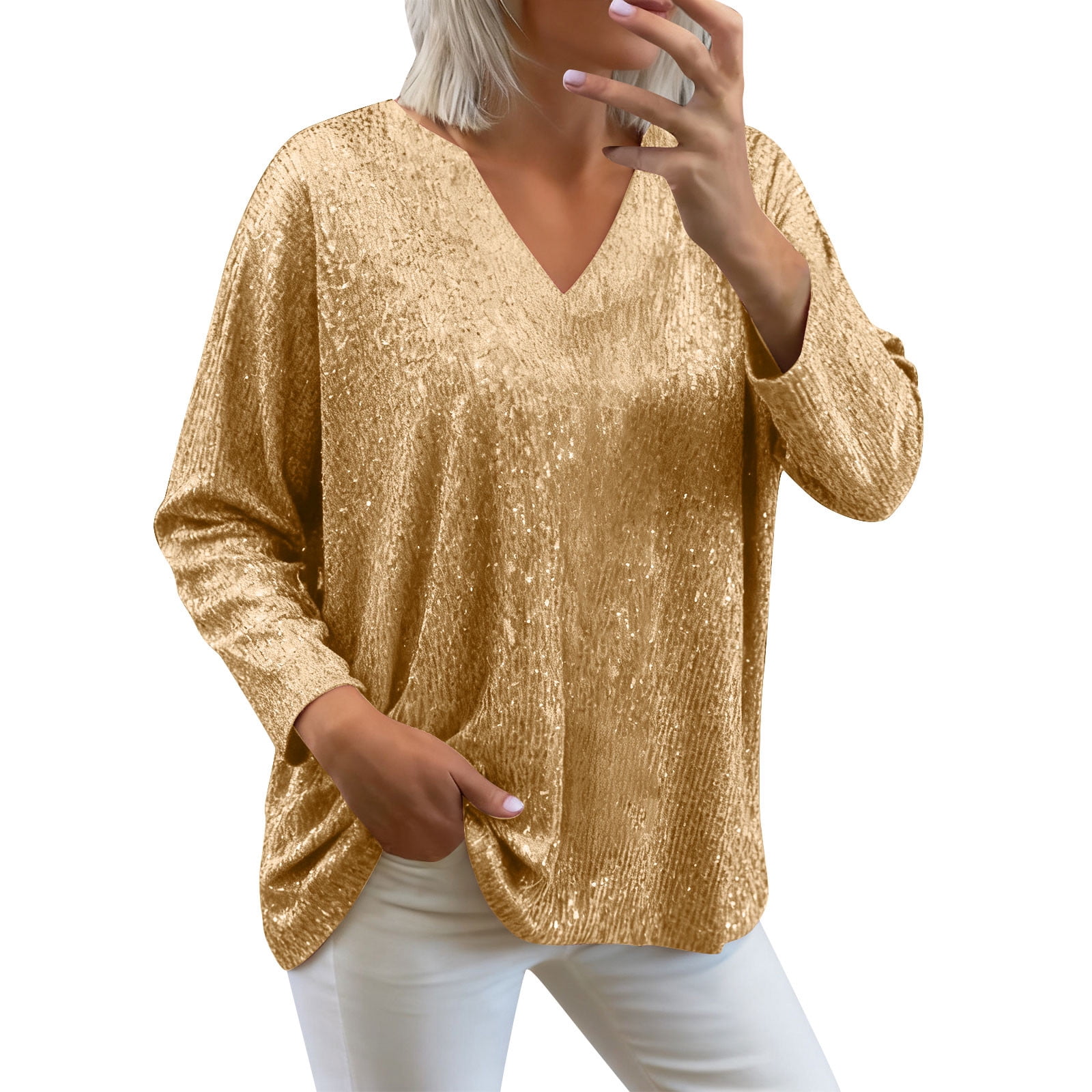 2025 Women Sequin Top V Neck Long Sleeve Sequin Shirt Sparkly Glitter ...