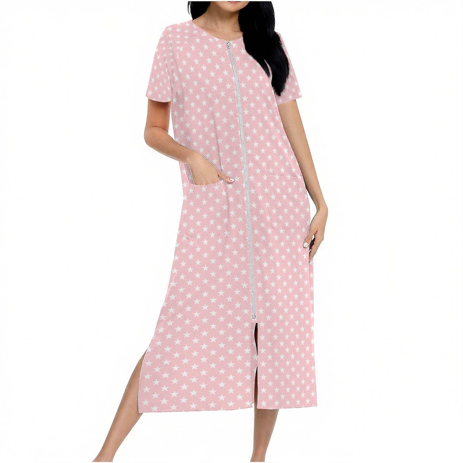 2025 Women Short Sleeve Zip Front Nightgowns Full Length Cotton Robes ...