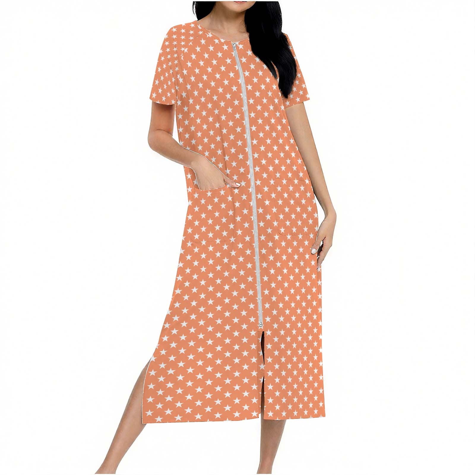 2025 Women Short Sleeve Zip Front Nightgowns Full Length Cotton Robes ...