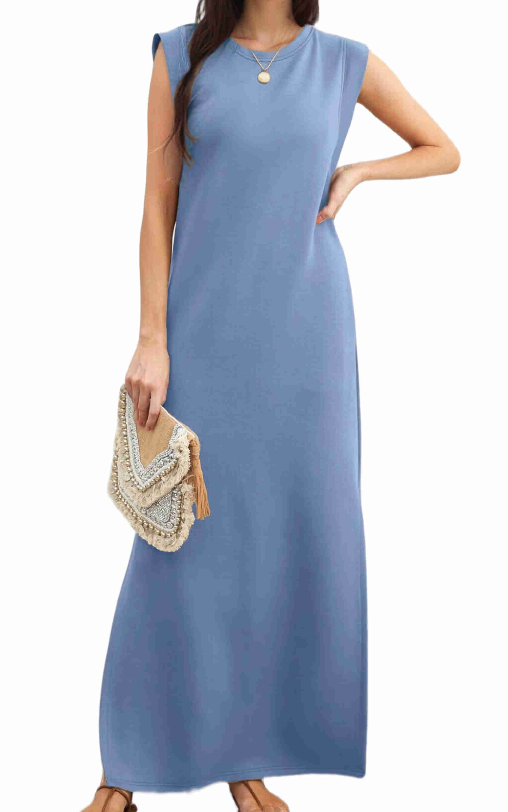 2025 Women Summer Round Neck Casual Loose Split Wrinkle-Free Long Maxi ...