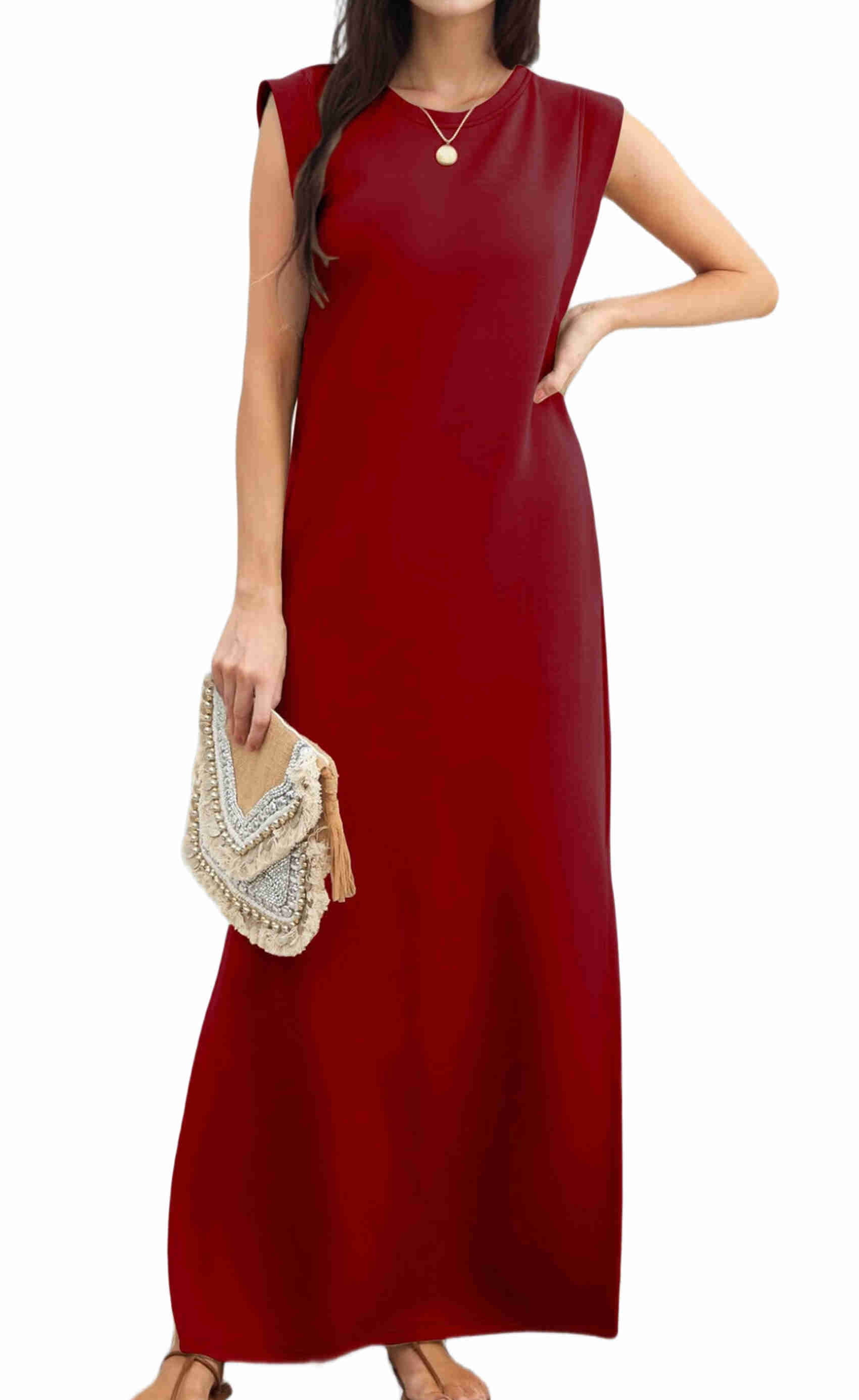 2025 Women Summer Round Neck Casual Loose Split Wrinkle-Free Long Maxi ...