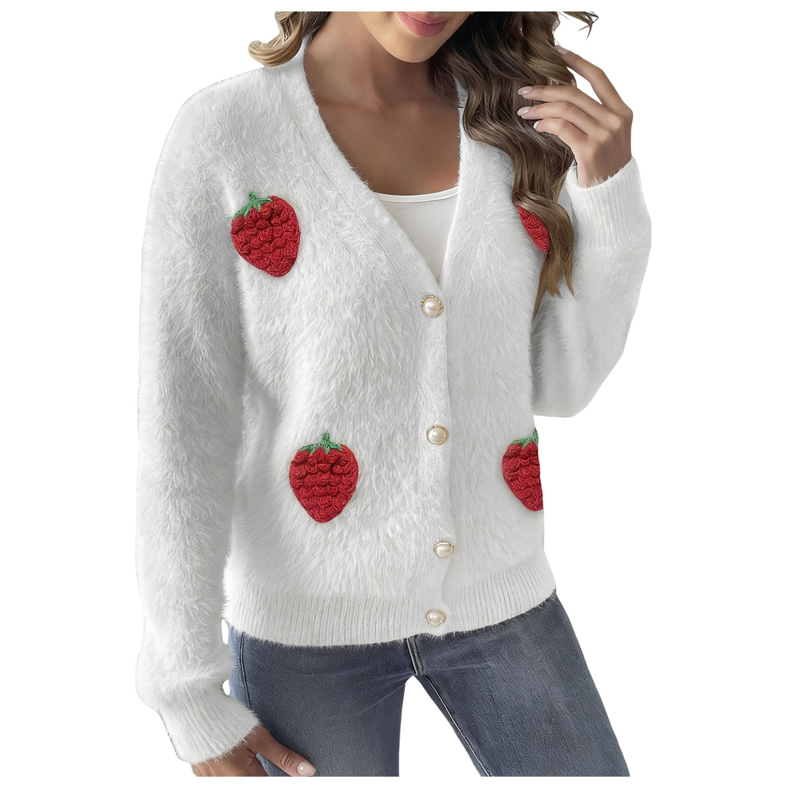 2025 Women V Neck Button Down Sweater Long Sleeve Open Front Fuzzy Knit ...