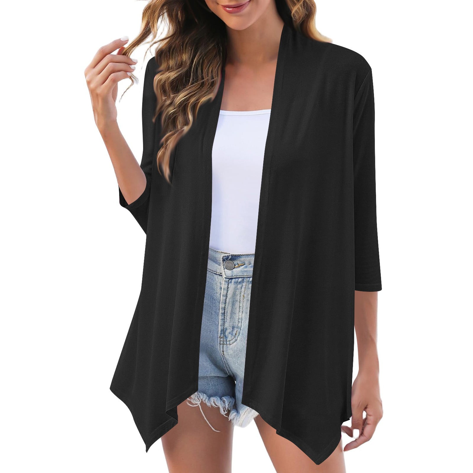 2025 Women's 3/4 Sleeve Draped Open Front Cardigan Casual Loose ...