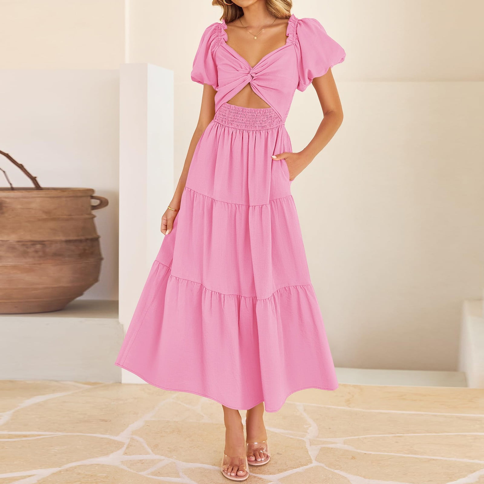 2025 Women's Cute Short Puff Sleeve Crossover Waist Twist Knot Cutout ...