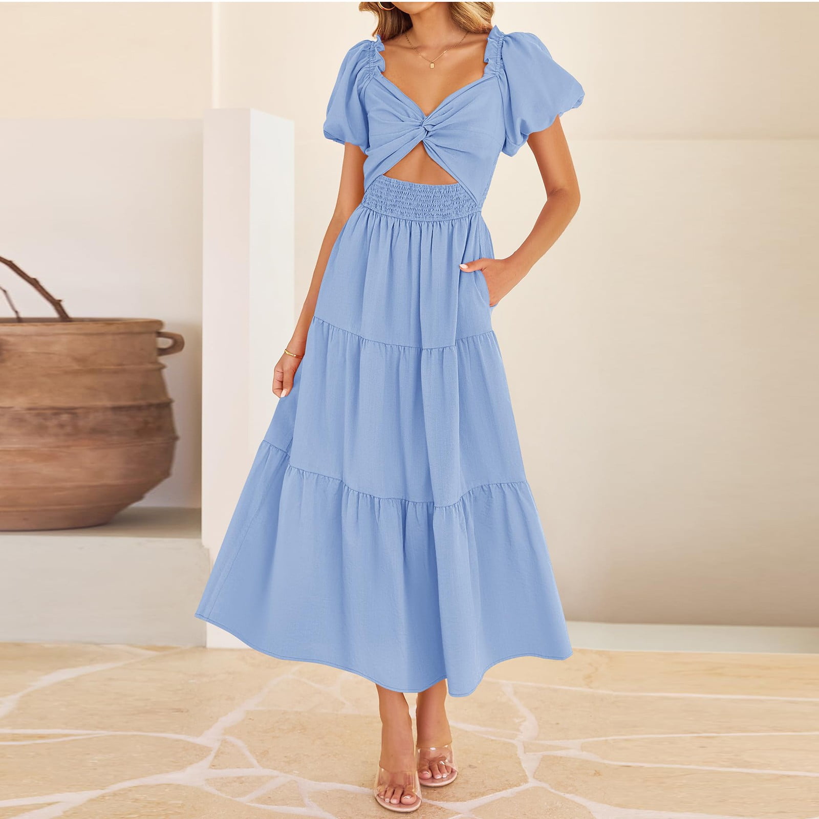 2025 Women's Cute Short Puff Sleeve Crossover Waist Twist Knot Cutout ...