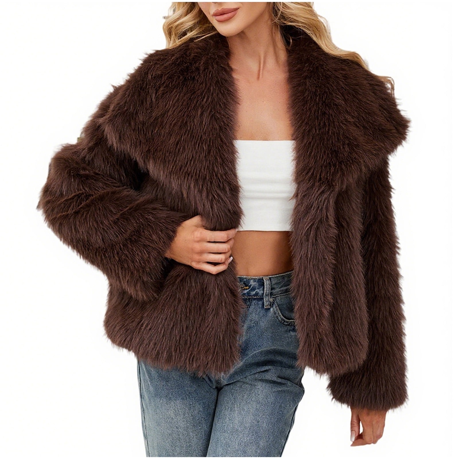 2025 Women's Faux Fur Coat Fluffy Faux Fur Jacket Long Sleeve Lapel Furry Winter Jackets Shaggy ...