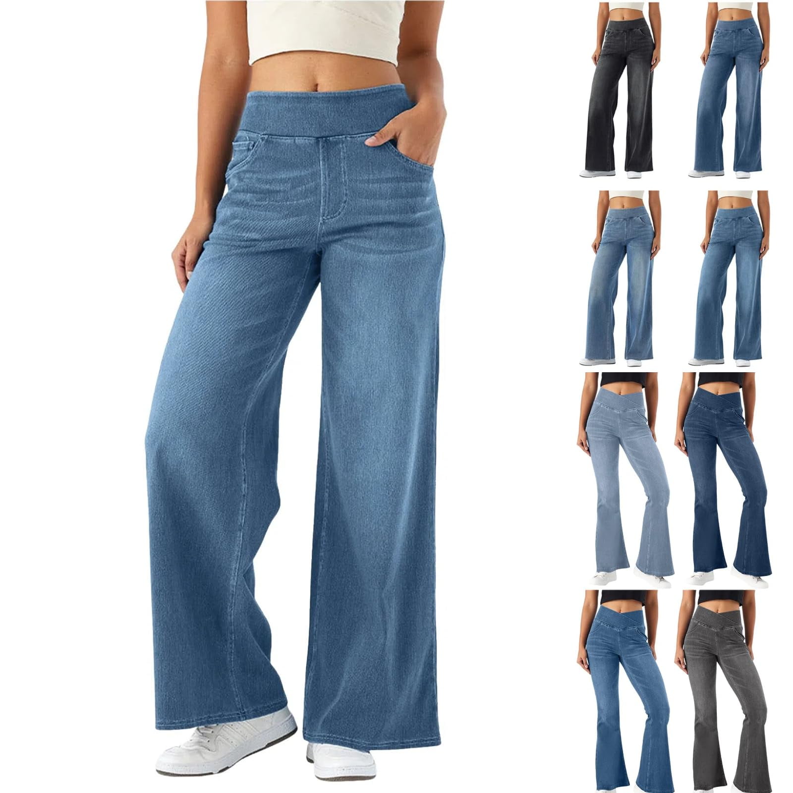 2025 Women's High Rise Stretch Pullover Wide-Leg Jeans Sweatpants with ...