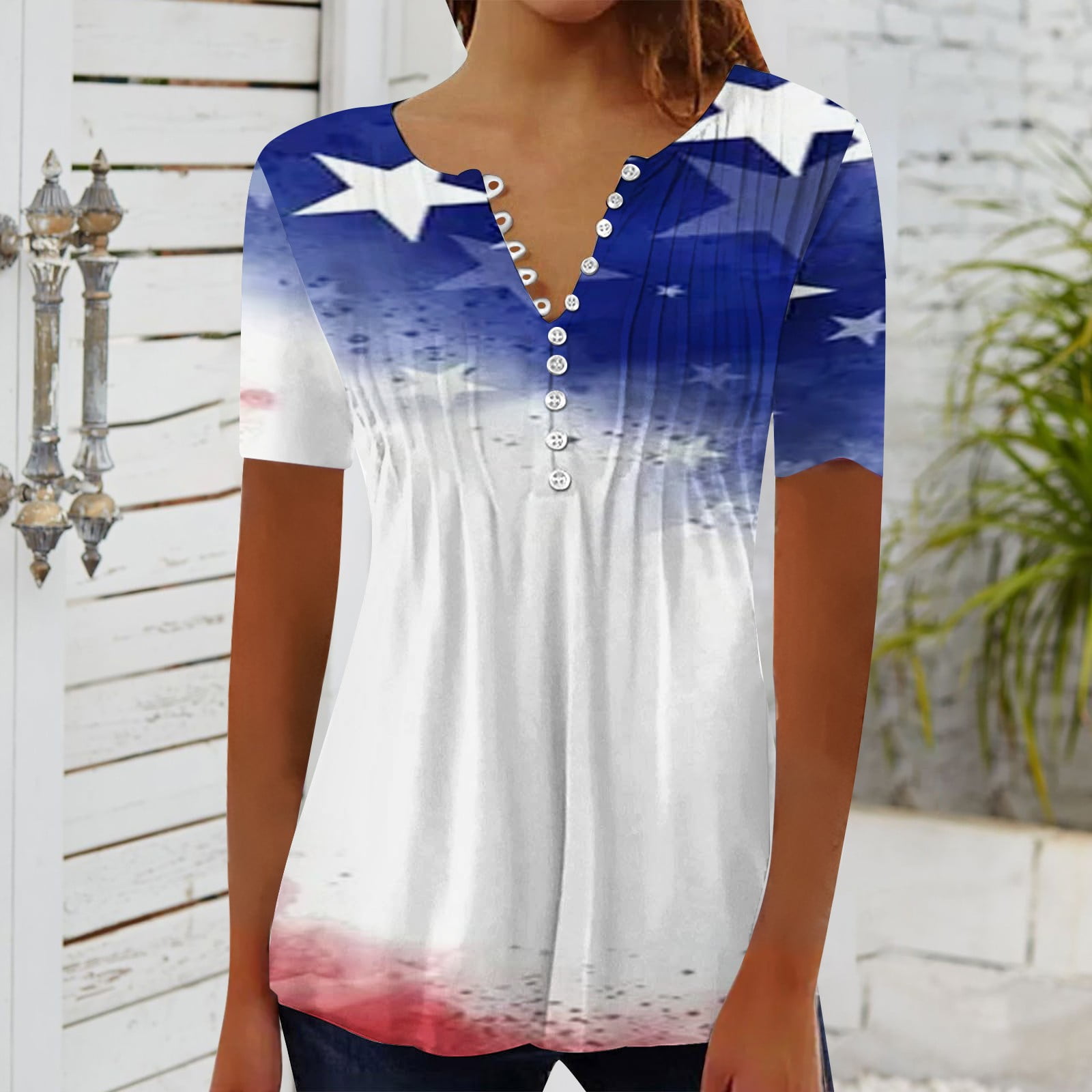 2025 Women's Independence Day Short Sleeve Tee - Chest Button Pleated Casual Top, 3Xl, Blue ...