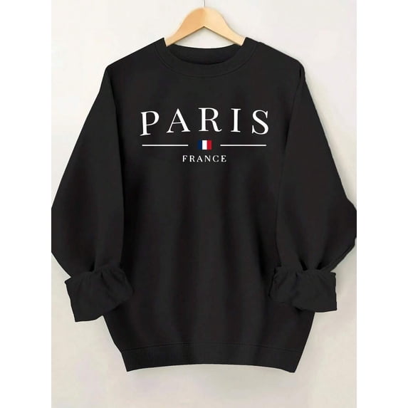 2025 Women's Paris French Pattern Round Neck Sweatshirt - Black With ...