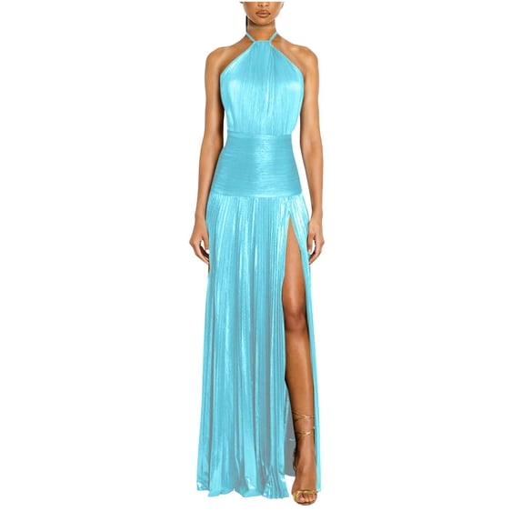2025 Women's Shiny Metallic Open Back Halter Maxi Dresses High Slit ...
