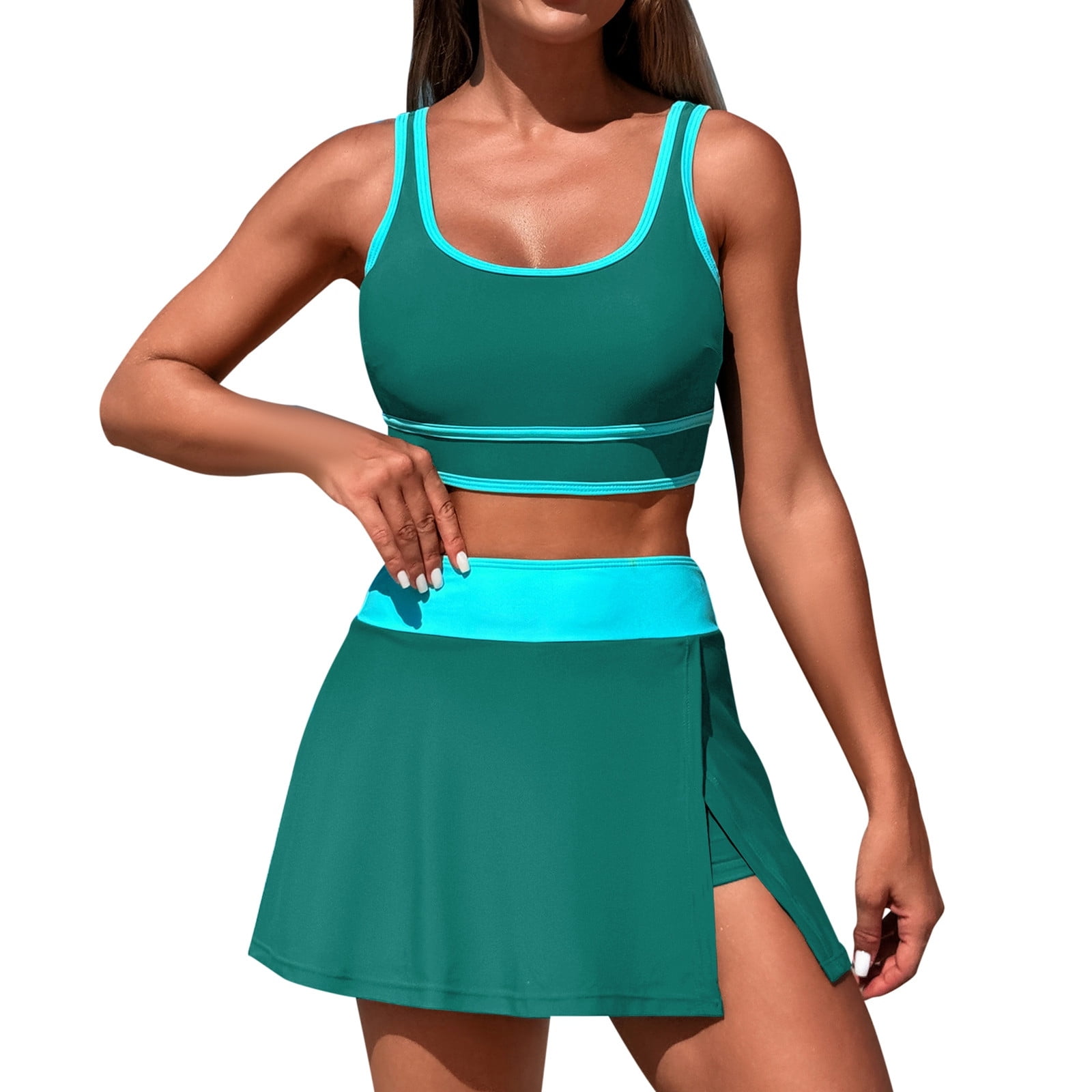 2025 Women's Solid Color Beach Sports Skirt Swimsuit Set - Trendy Split ...