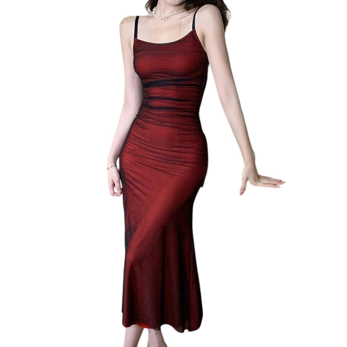Women’s Wine Red Halter Spaghetti Strap Mesh Bodycon Dress – Sexy See ...