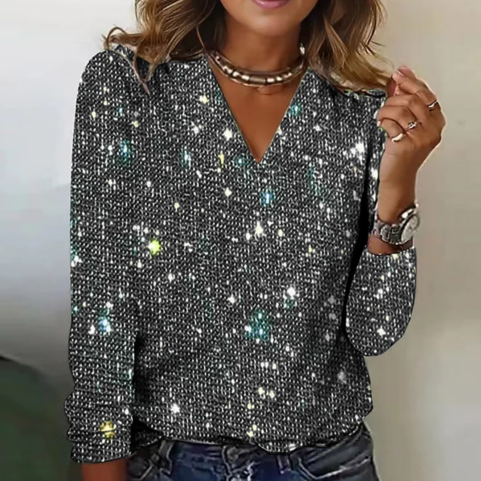 2025 Womens Long Sleeve Glitter Top Sequin Print Holiday Party Tops ...