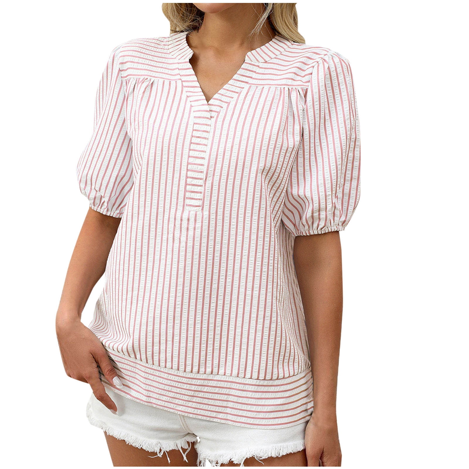 2025 Womens Short Puff Sleeve Striped Blouses Top Trendy V Neck Loose ...