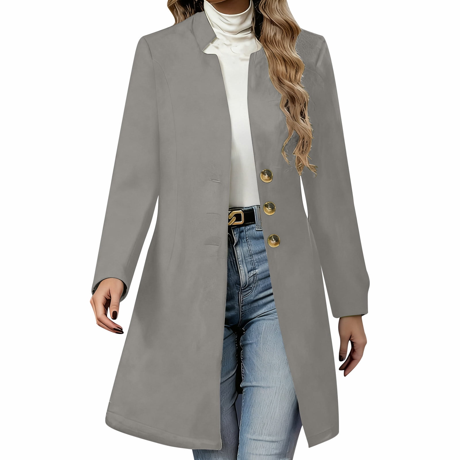 2025 Womens Wool Coat Solid Color Mid-Long Stand Collar Overcoat Winter ...