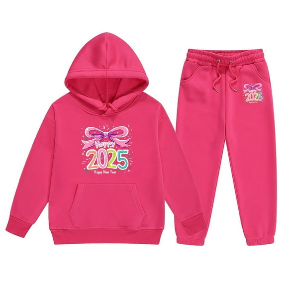 2025 Year Print Girls' Long Sleeve Hooded Sweatshirt and Pants Matching ...
