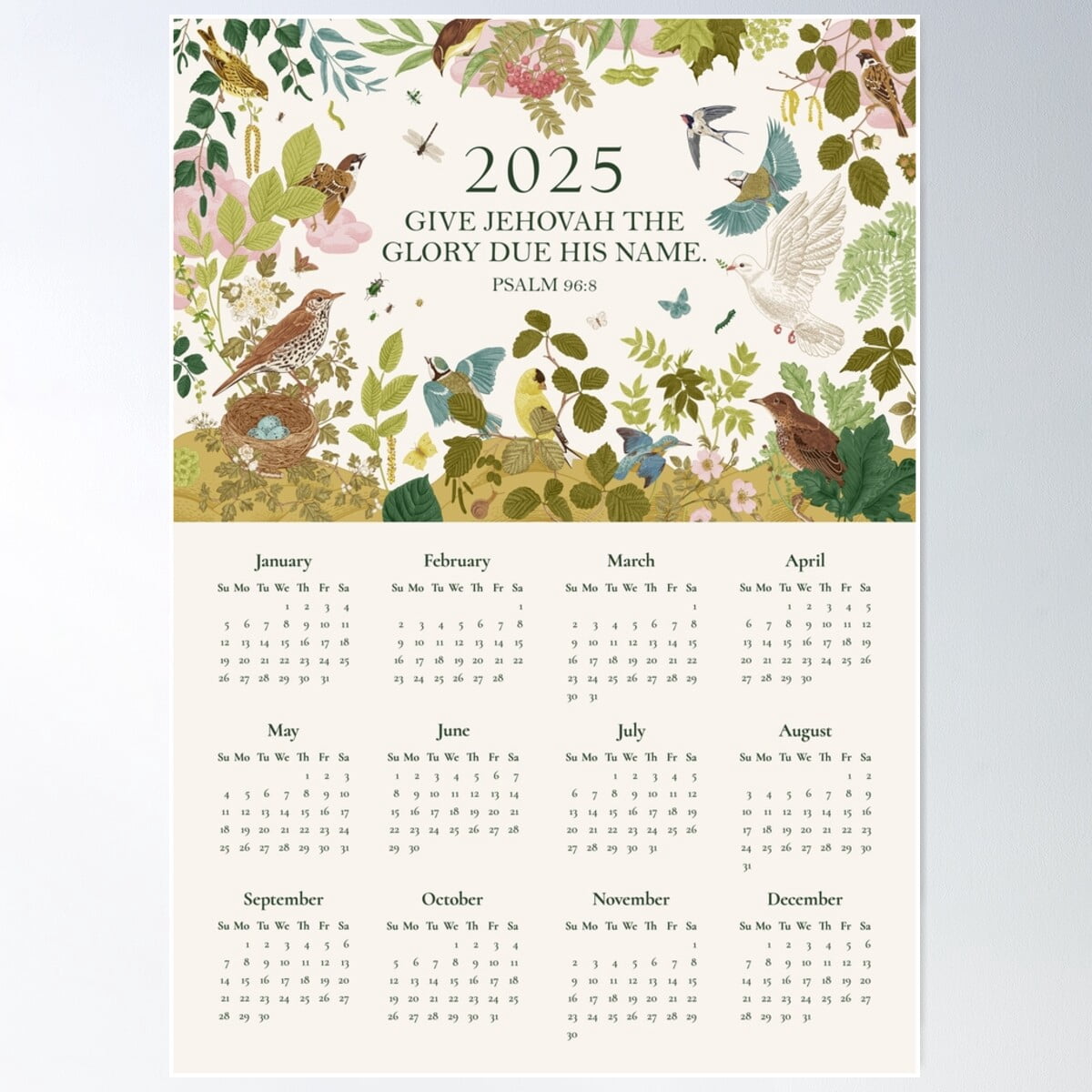 2025 Year Text Calendar (Birds & Insects) Poster Wall Art, Modern Wall ...