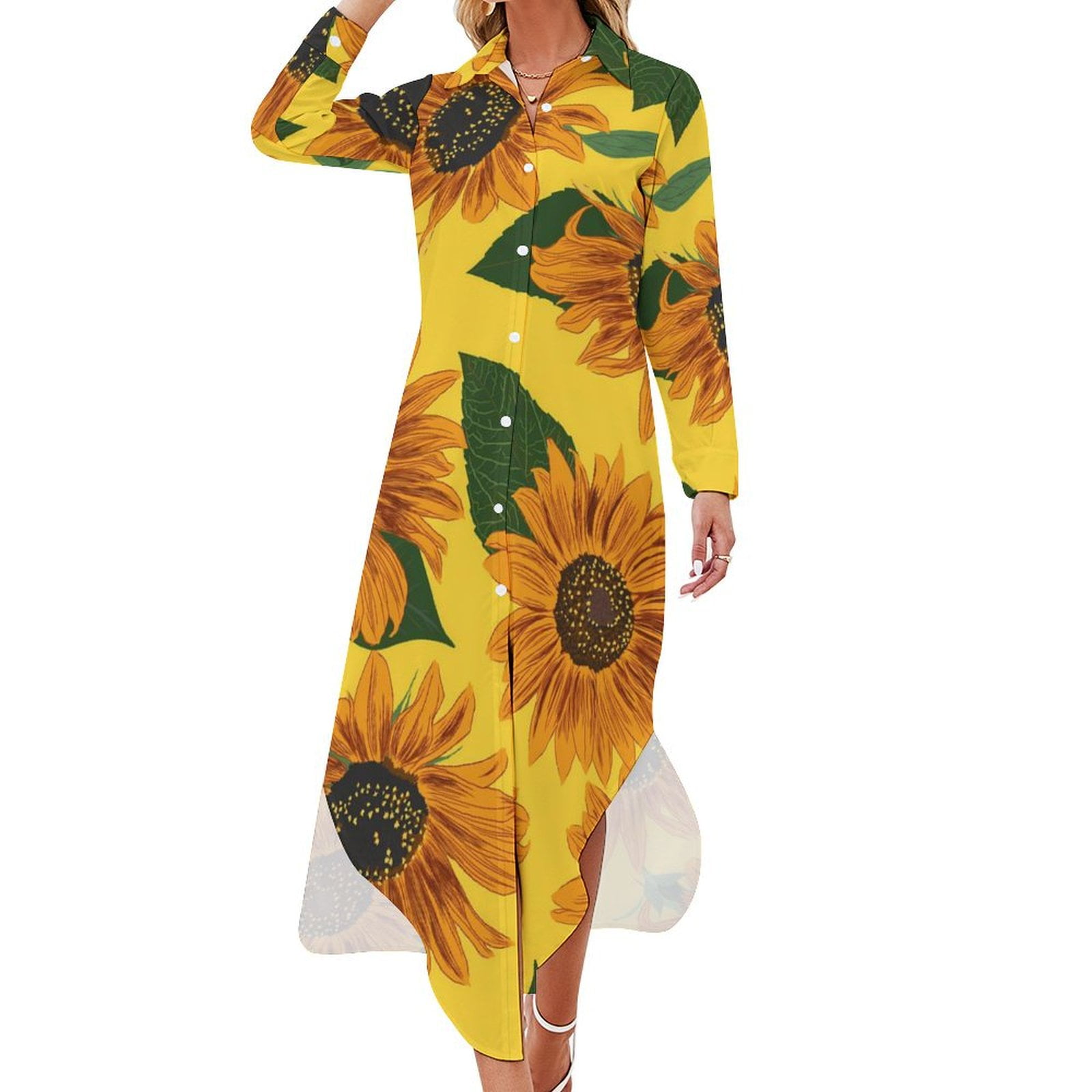 2025 Yellow Sunflower Casual Dress Black Stripes Print Stylish Dresses ...