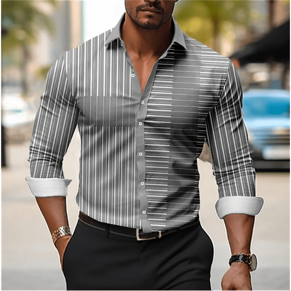 2025 color block striped men's casual printed shirt outdoor work daily ...