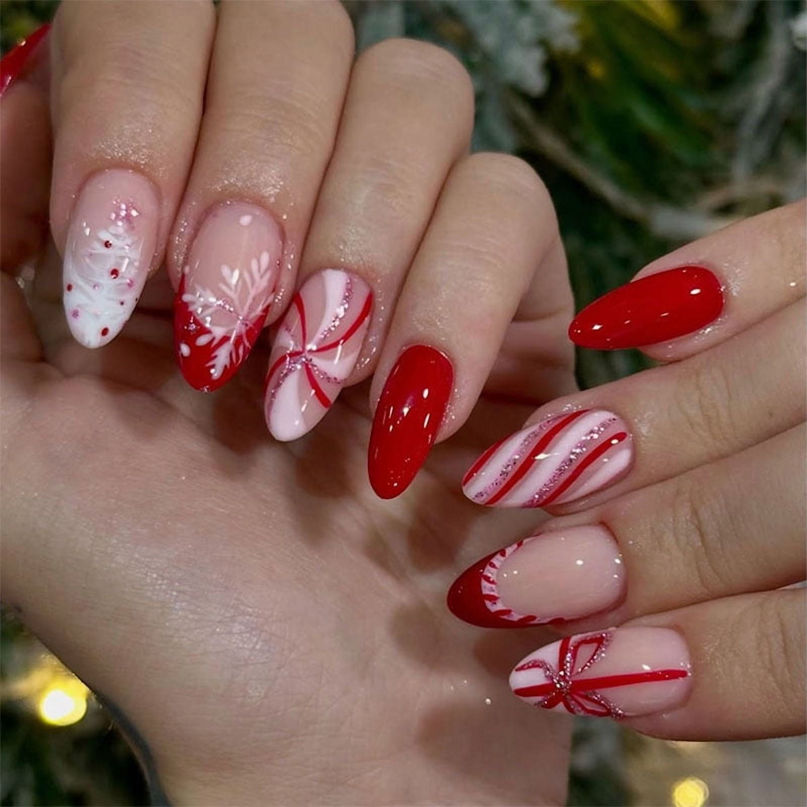 2025 new Christmas wear nail red French ribbon nail piece white ...