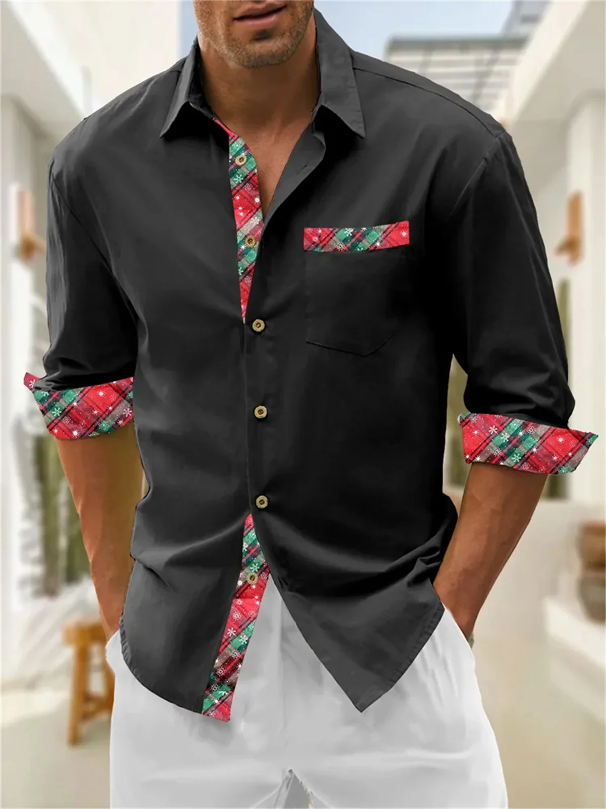 2025 new men's patchwork pocket long sleeved lapel casual shirt tiki ...