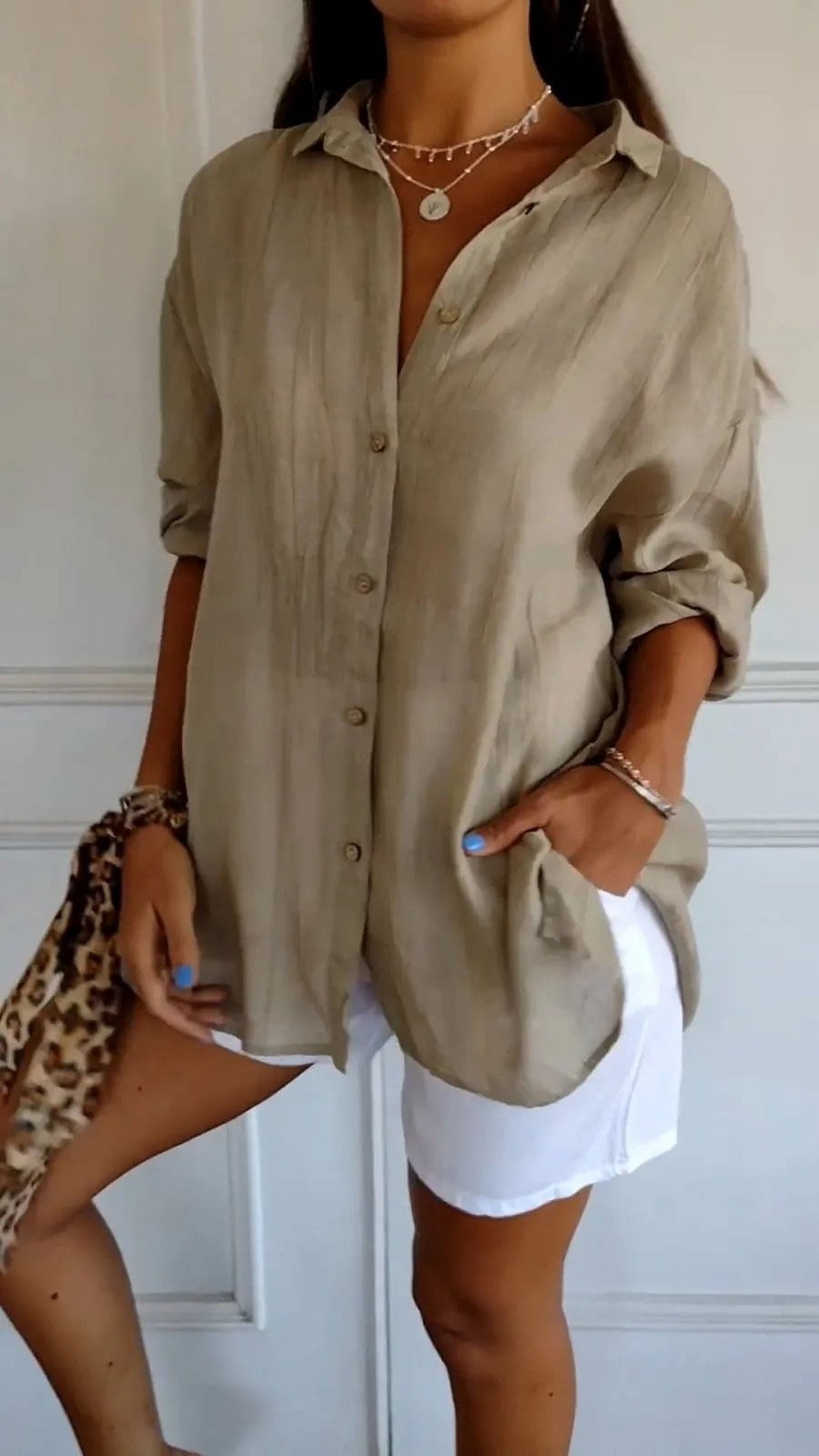 2025 new single-breasted pleated lapel shirt ladies solid color ...