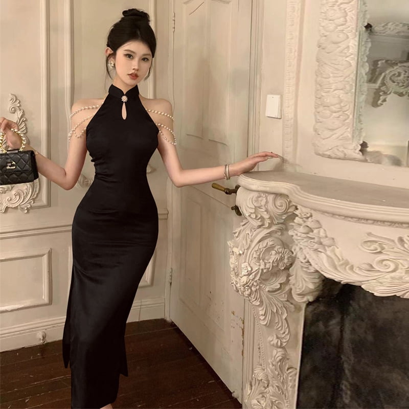 2025 women's new Chinese style halter neck cheongsam improved side slit ...