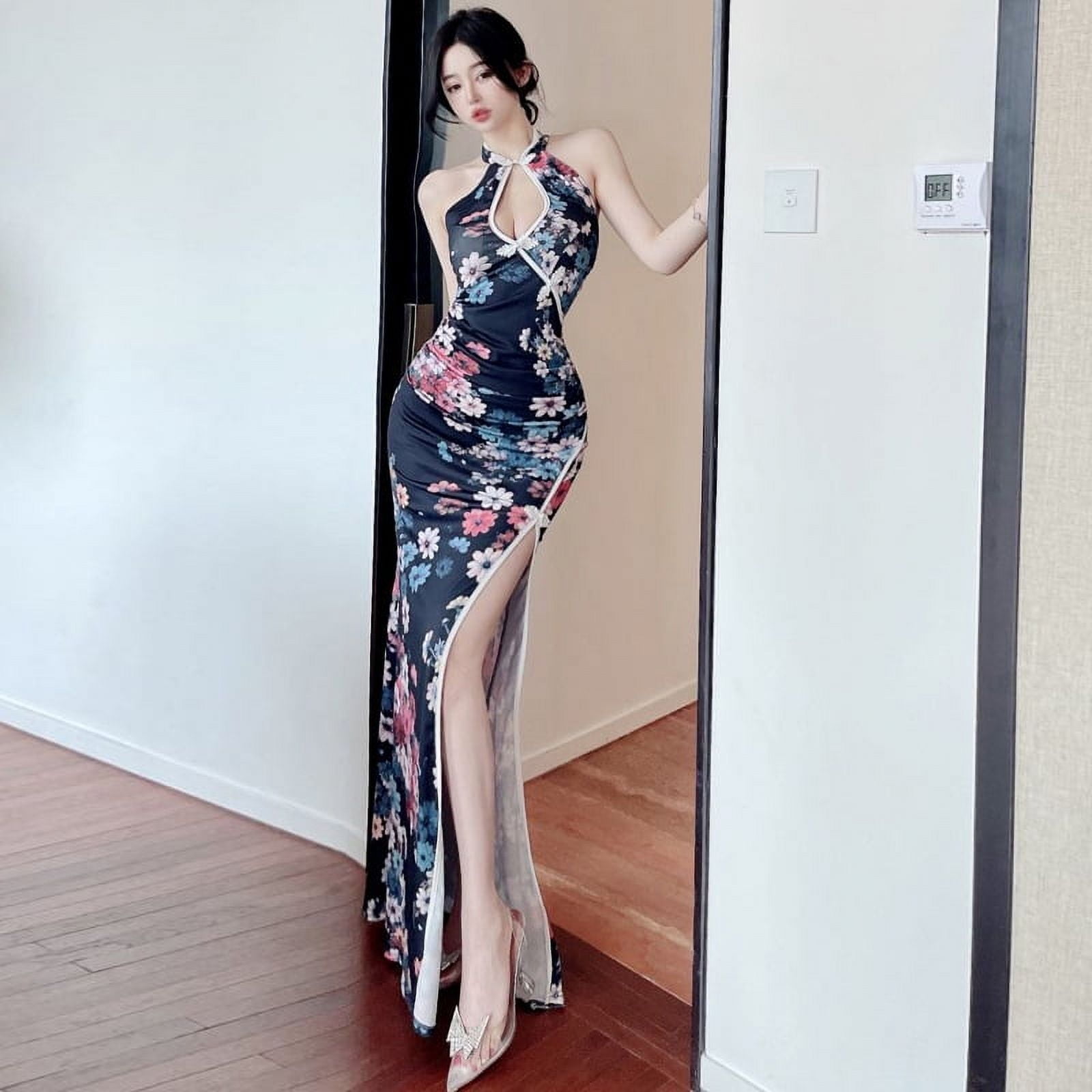 2025 women's sexy retro style printed halter neck cheongsam dress ...