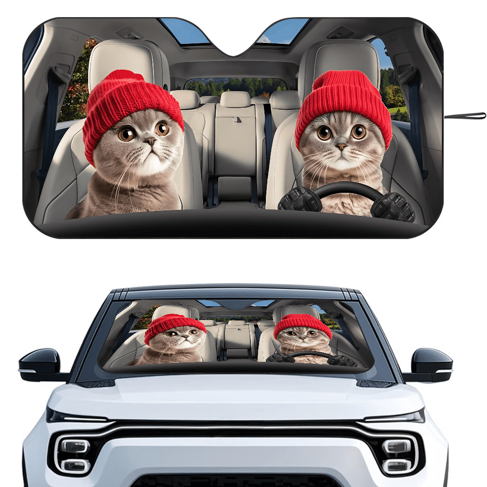 2025Cat Driving Car Pattern Car SunShade Windshield Foldable Three ...