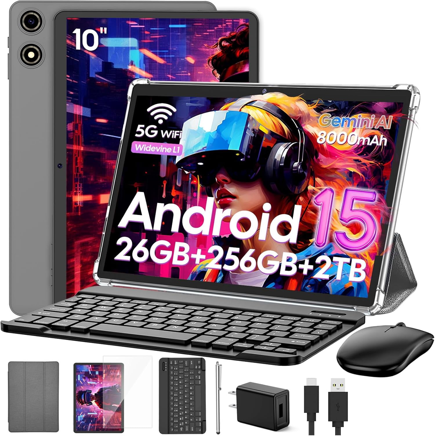 2026 15 Tablet with Keyboard, 26GB+256GB+2TB Expand, 10 Inch 2 in 1 ...