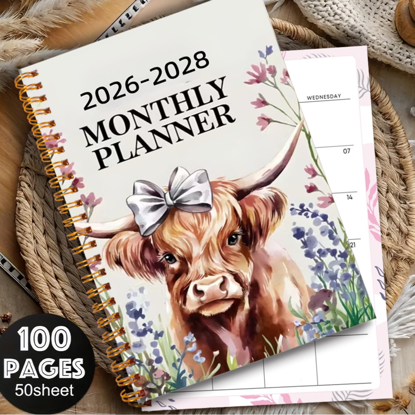 2026-2028 Monthly Planner With Highland Cow Watercolor Design - Spiral ...