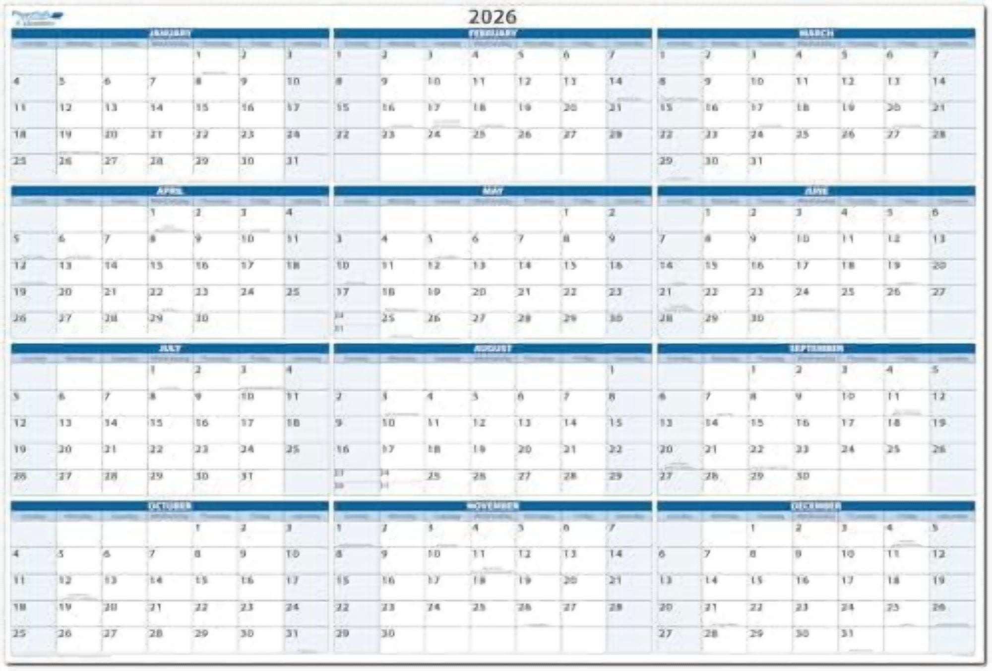 2026 Annual 32" tall x 48" wide 12-Month Horizontal Sky Blue Wet & Dry ...