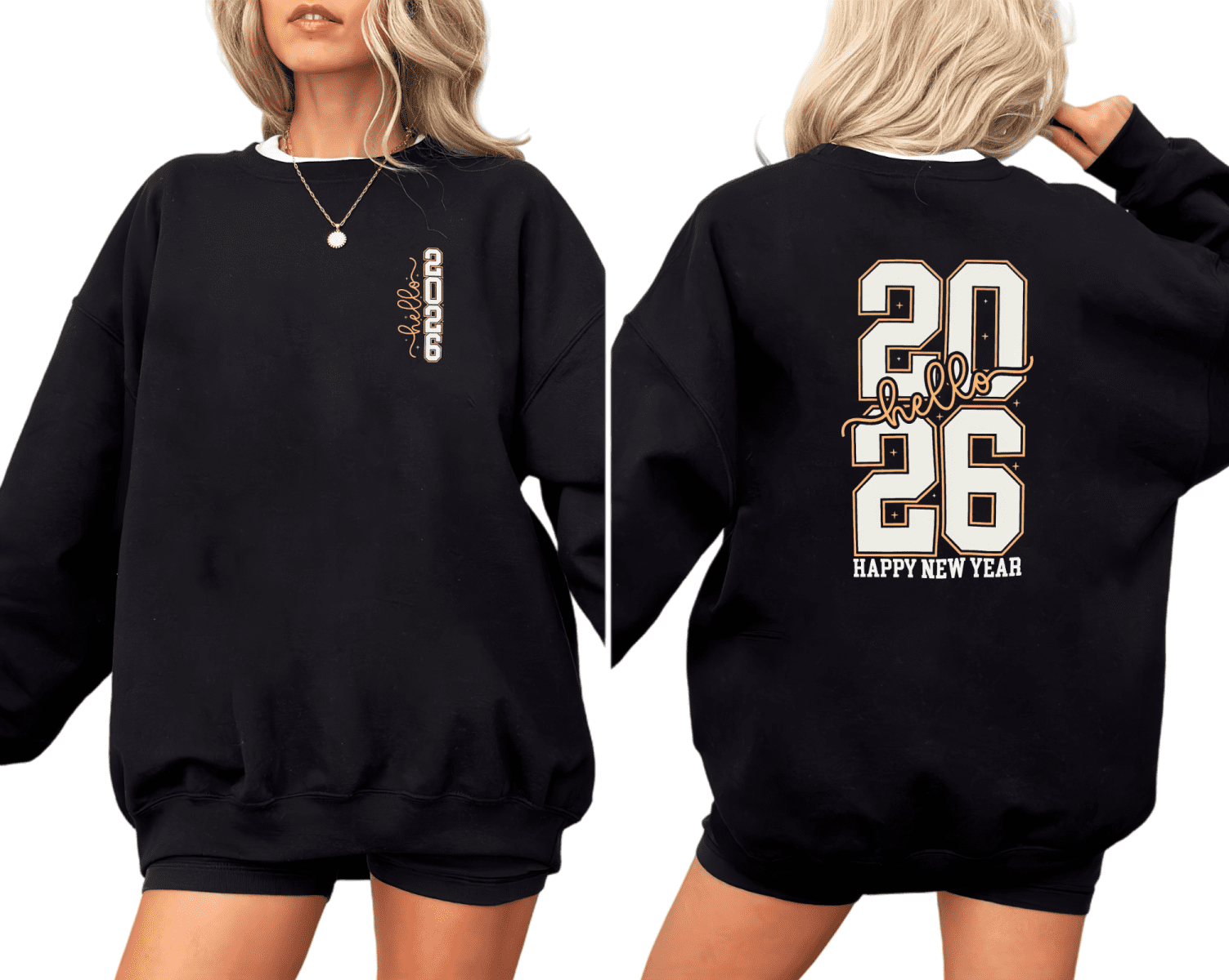 2026 Back Print Hello New Year Print Tshirt Graphic Tees Shirts Black S ...