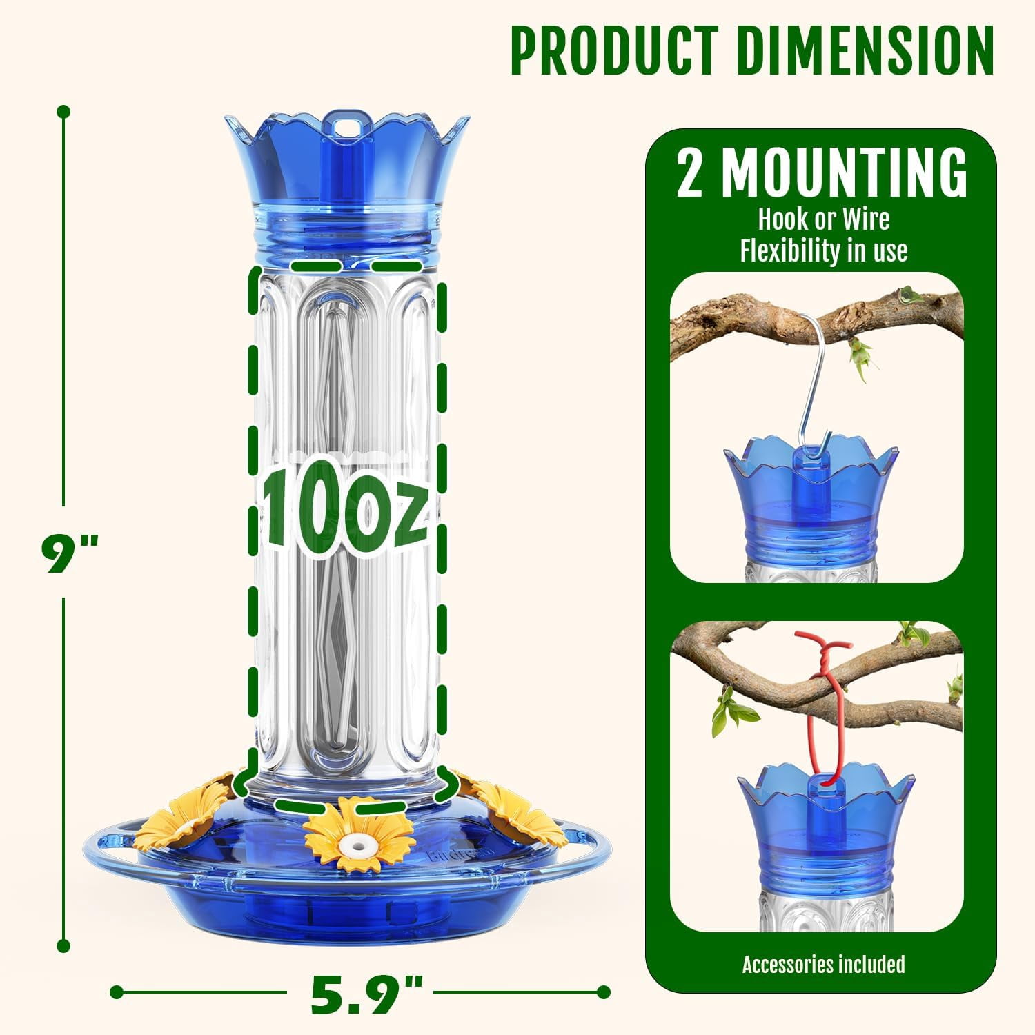 2026 Best 10oz Blue Hummingbird Feeder, Outdoor Plastic Feeder with 5 ...