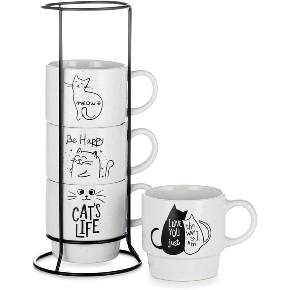 2026 Best 4 Pack 15oz Stackable Ceramic Mugs with Metal Rack, Cat ...
