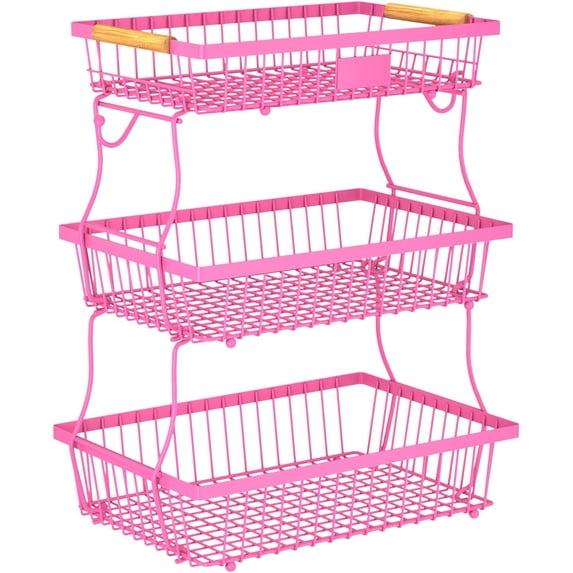 2026 Best Rose Pink 3-Tier Metal Countertop Fruit Bowl with Wooden ...