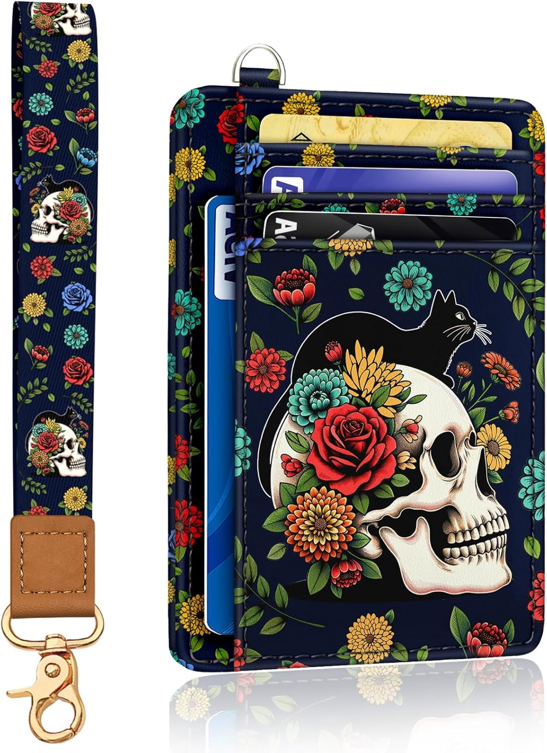 2026 Best Skull Cat Print PU Leather Slim RFID Blocking Wristlet Credit ...
