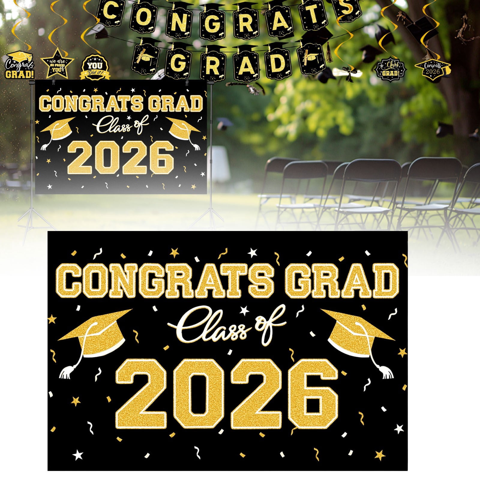 2026 Black Gold Graduation Backdrop Banner, 1 Piece Photo Background ...