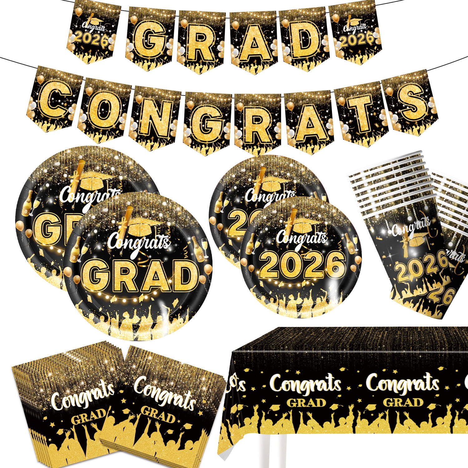 2026 Black Gold Graduation Party Supplies Tableware Set Homecoming ...