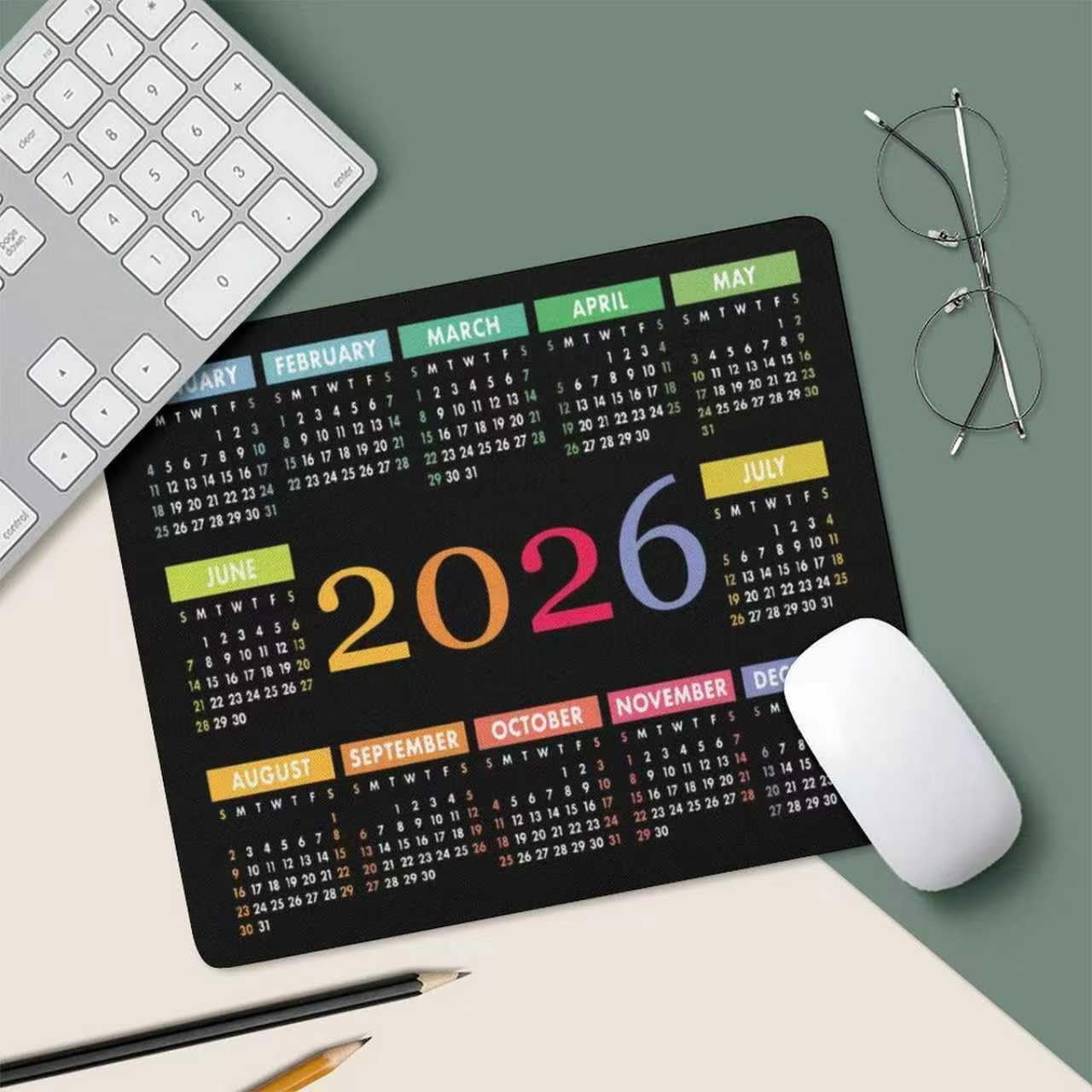 2026 Calendar Mouse Pad Large Desktop Gaming Mat Black Background with ...