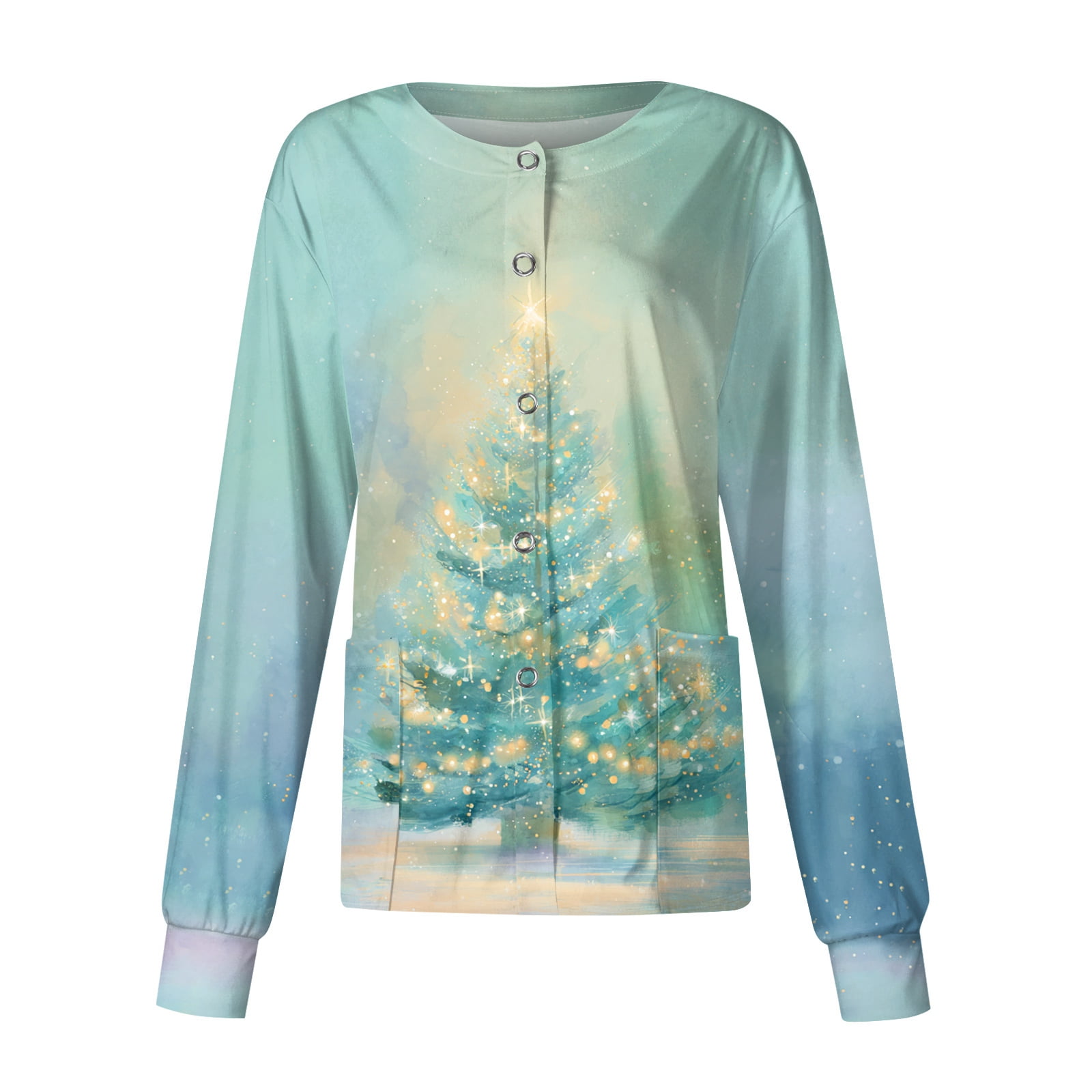2026 Christmas Cyan Scrub Jackets for Woman Long Sleeve Snap Front Warm ...