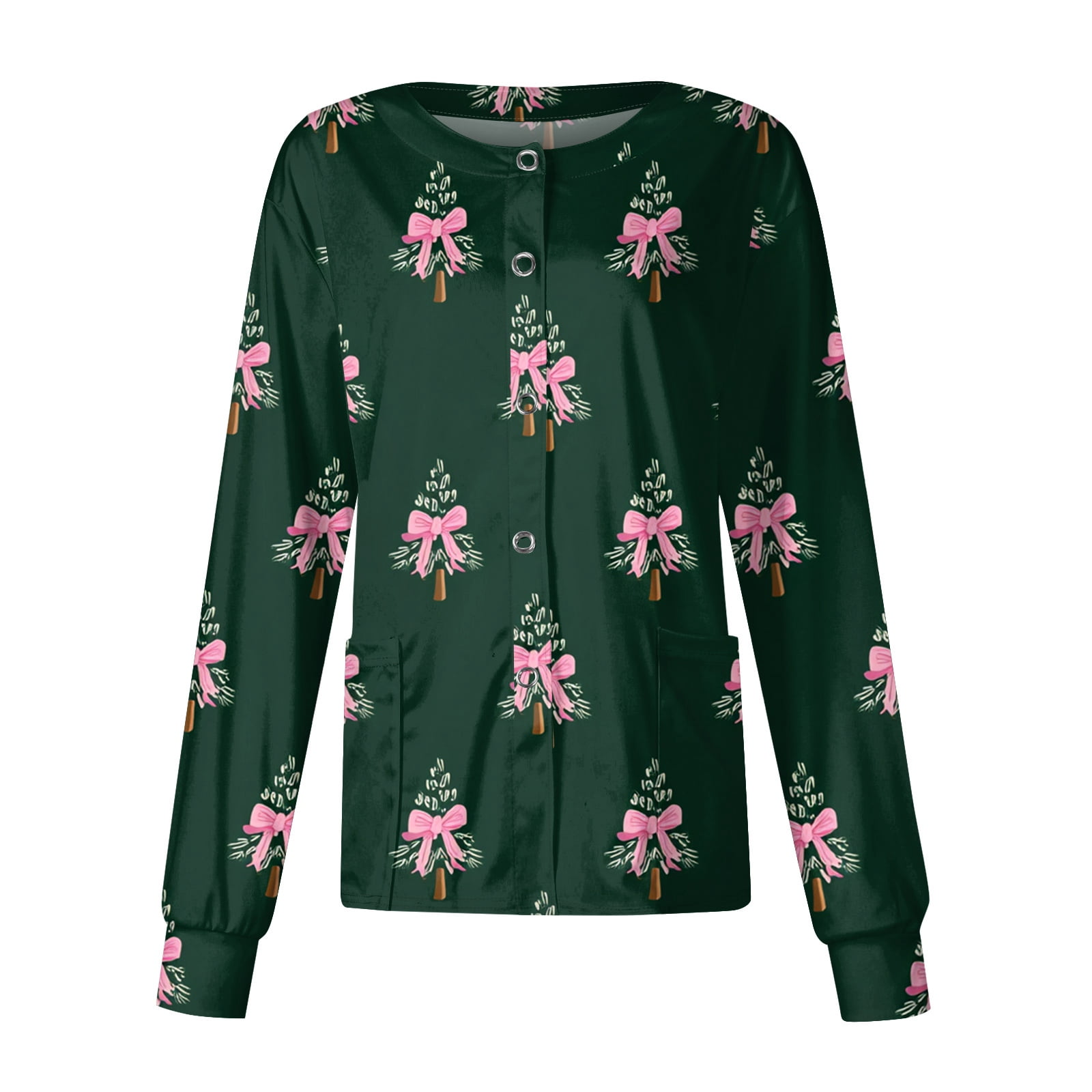 2026 Christmas Green Womens Scrub Jacket Long Sleeve Snowflake Print ...