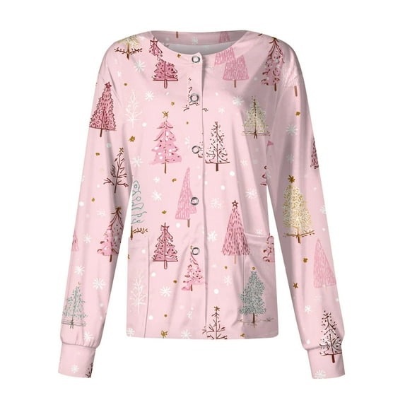 2026 Christmas Light pink Scrubs Sets for Women Long Sleeve Snowflake ...
