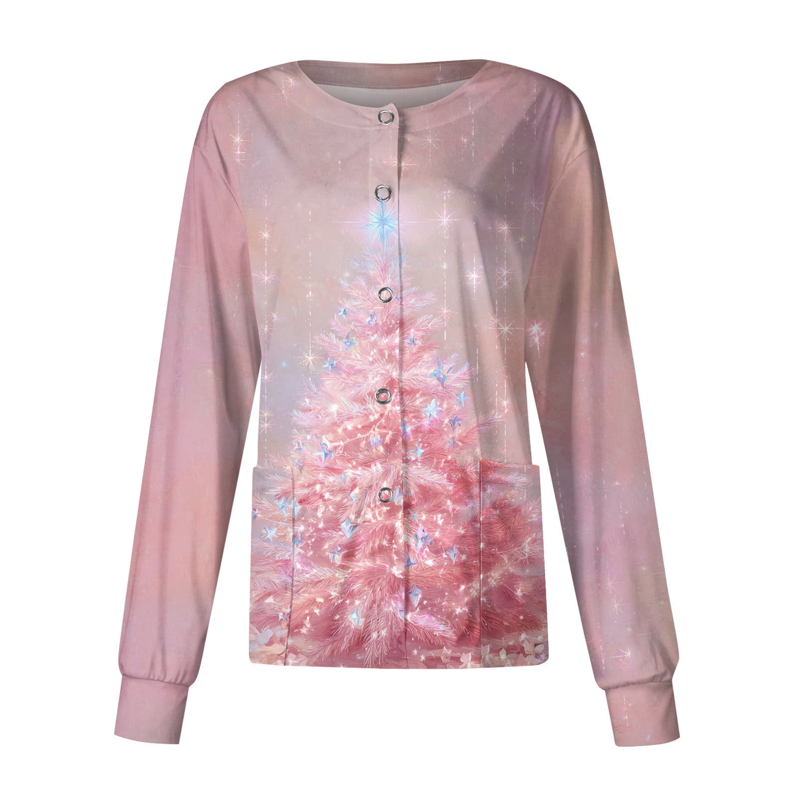 2026 Christmas Light pink Scrubs Sets for Women Long Sleeve Snowflake ...