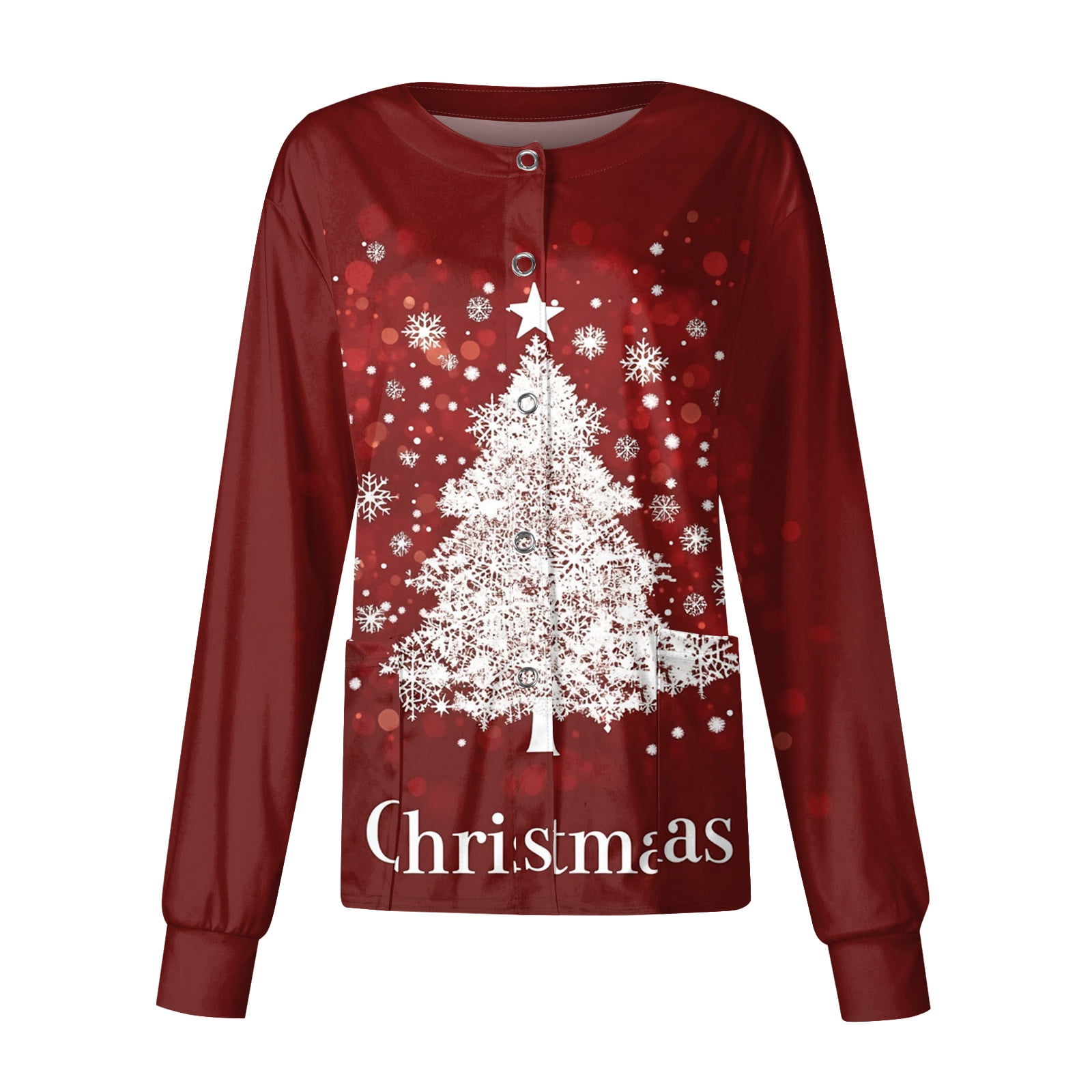 2026 Christmas Red Womens Scrub Jacket Snowflake Printed Long Sleeve ...