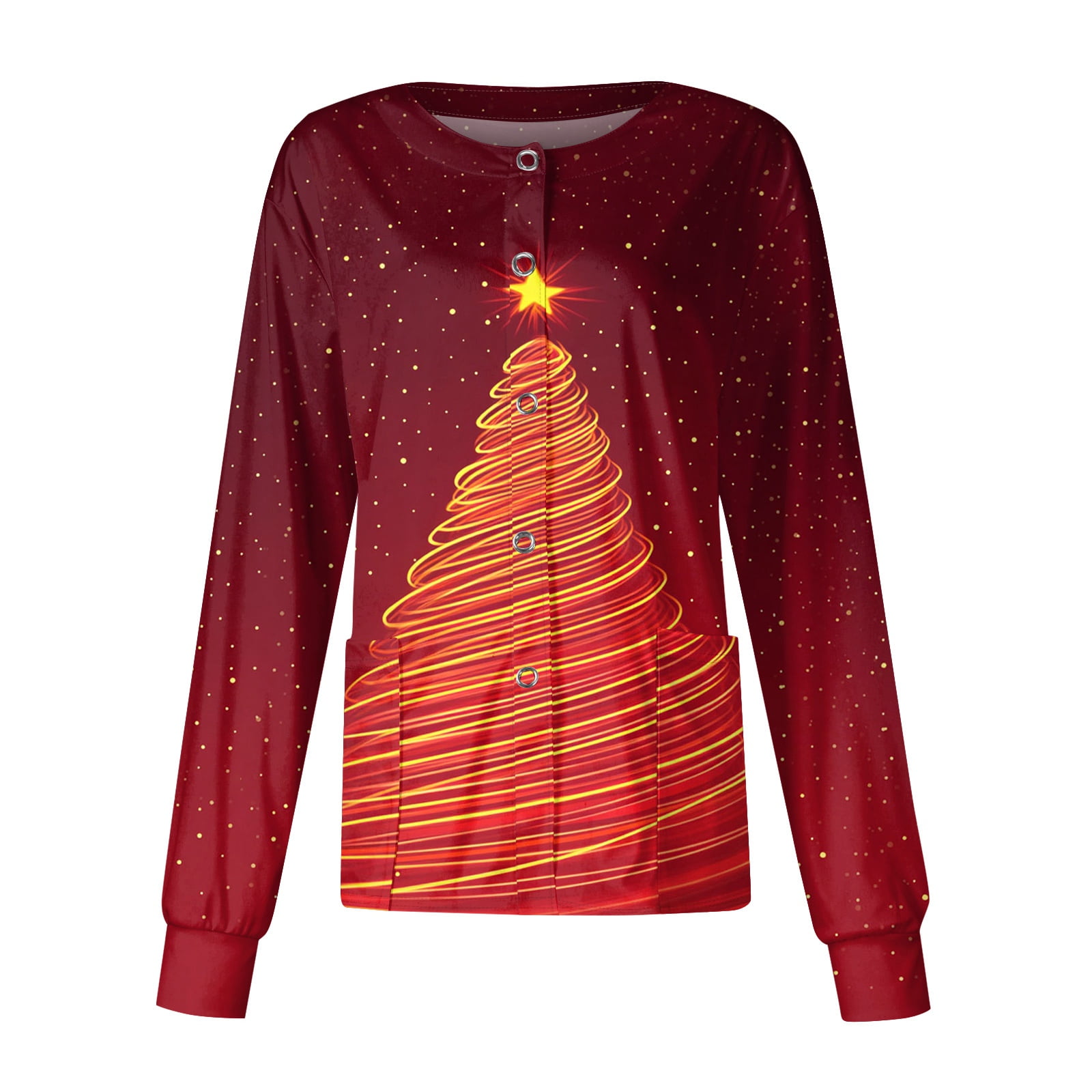 2026 Christmas Watermelon Red Nurse Jackets for Women Scrub Long Sleeve Snowflake Print Scrub ...