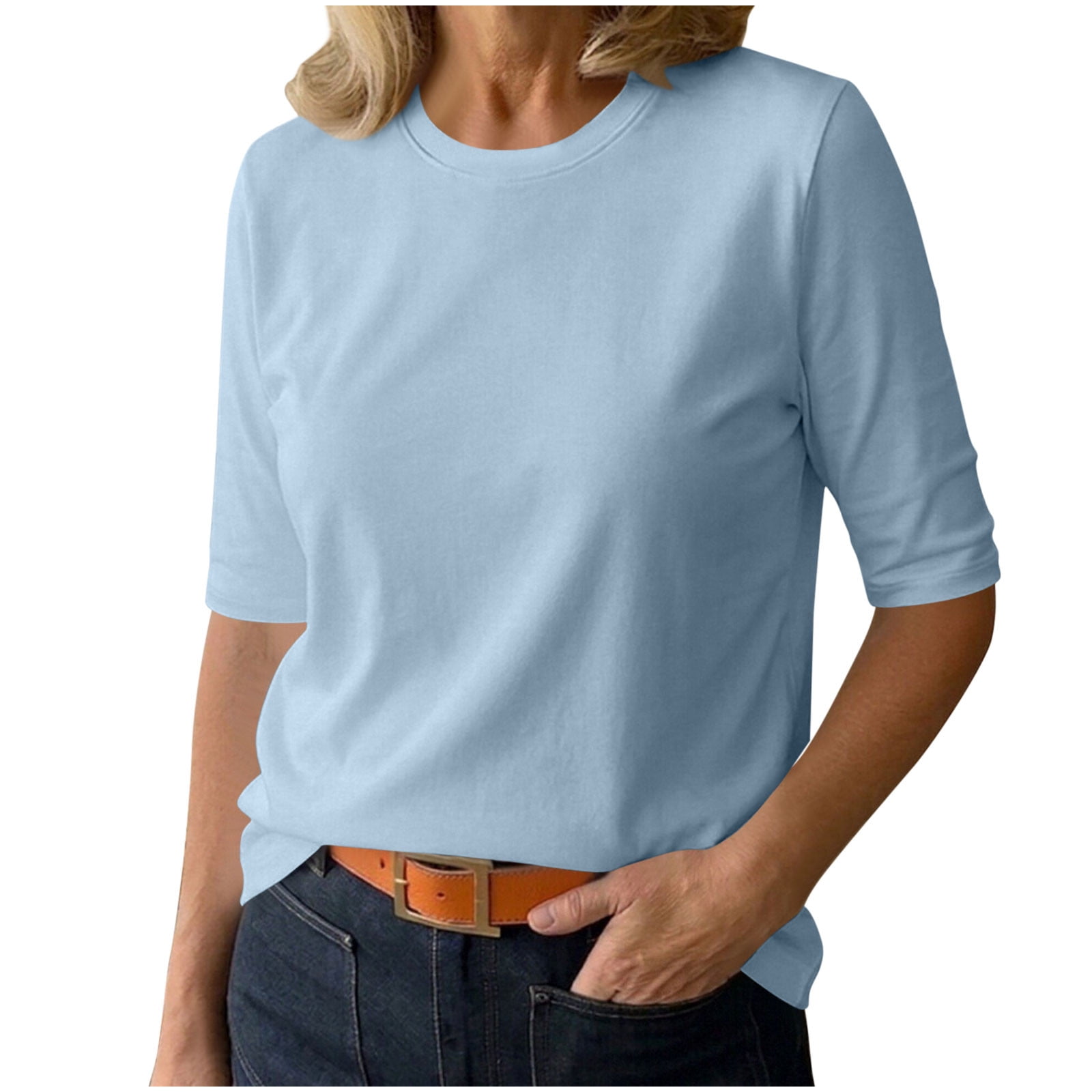 2026 Classic Basic Women's Elbow Sleeve Shirts Casual Plain Crewneck ...