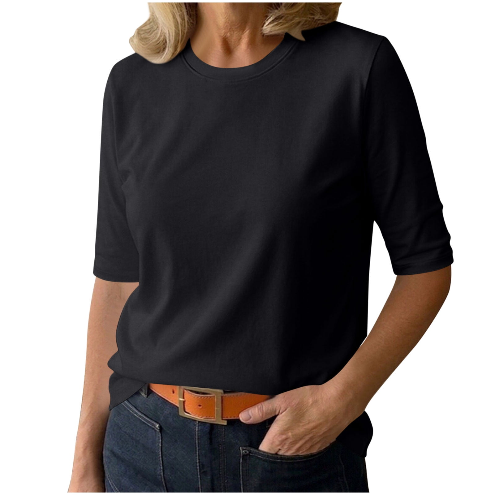 2026 Classic Basic Women's Elbow Sleeve Shirts Casual Plain Crewneck ...