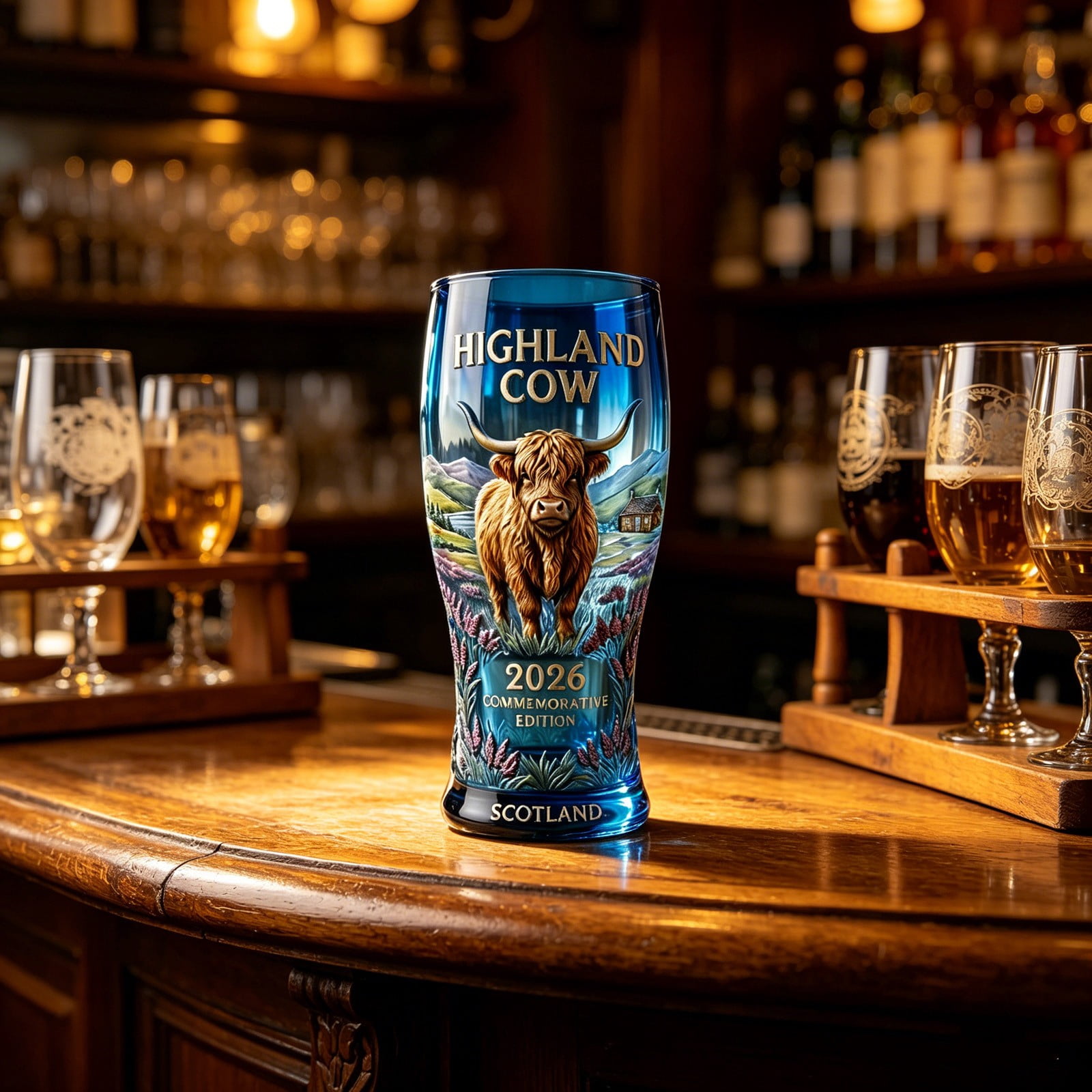 2026 Commemorative Scottish Cow Pint Glass 500ml High Transparent Blue ...